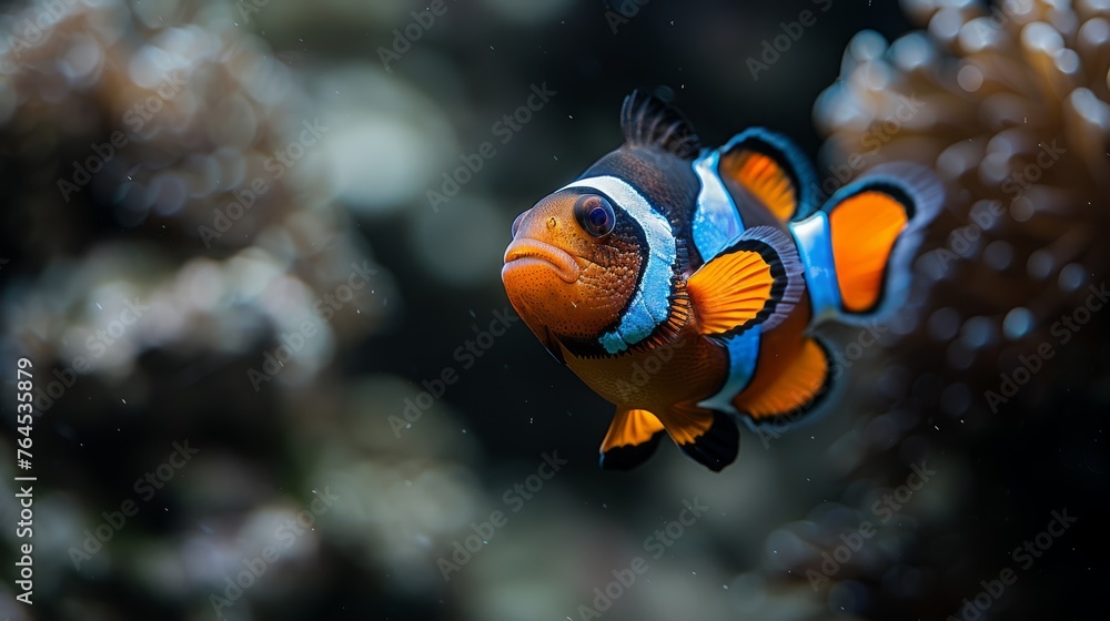 A clear close-up photo of a colorful clownfish with distinct orange and ...