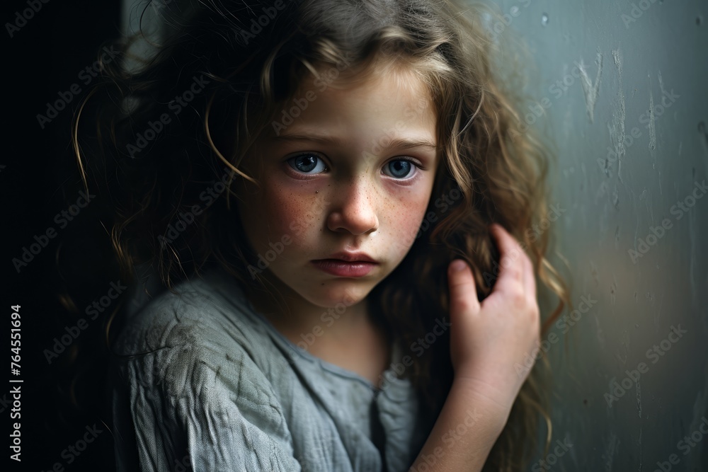 Portrait photograph of a tearful child, their parent's figure obscured ...