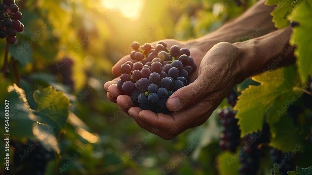 Under a canopy of vine leaves, hands tenderly cup a harvest of black ...