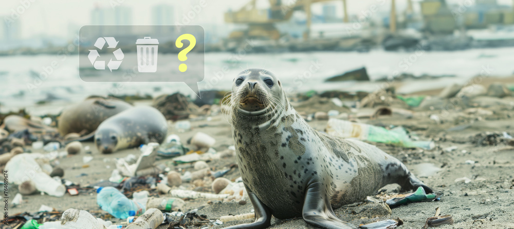 Curious common seal is lying on beach surrounded by plastic pollution ...