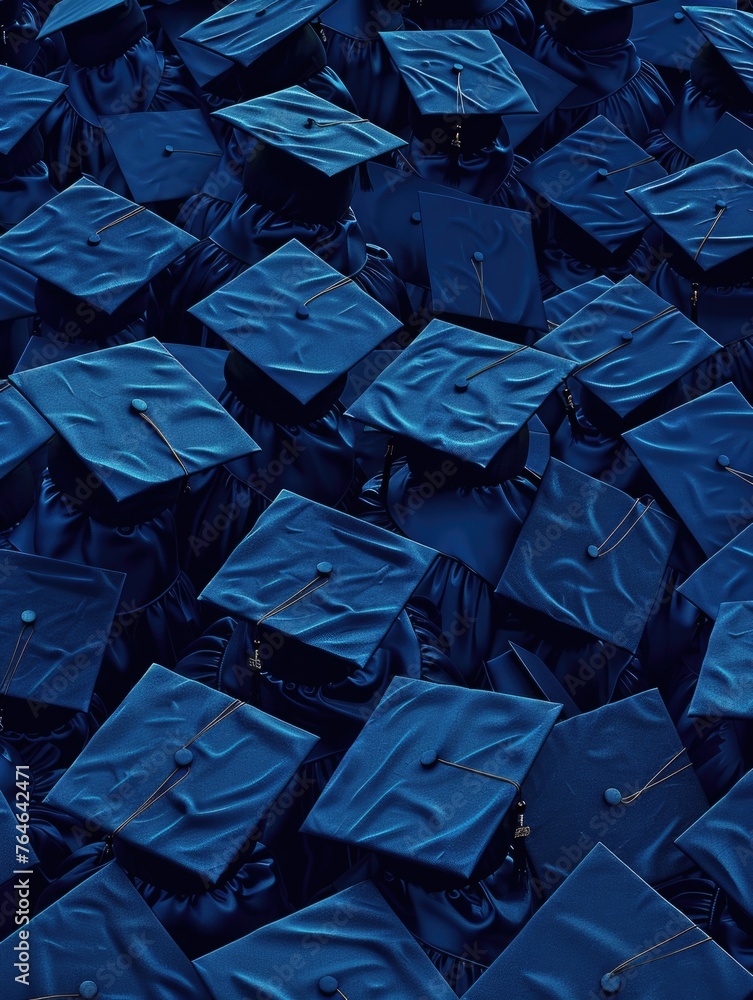 Blue graduation cap with gold button is shown in row. Caps are all ...