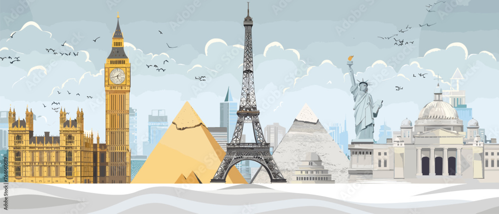 Panoramic vector illustration showcases a diverse range of iconic ...