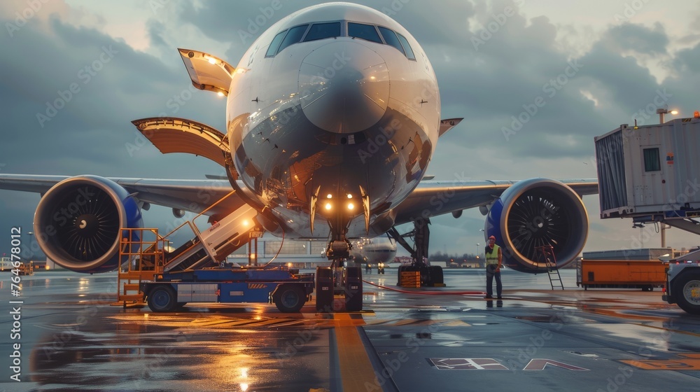 Workers are loading cargo logistic containers to an airplane. Air ...