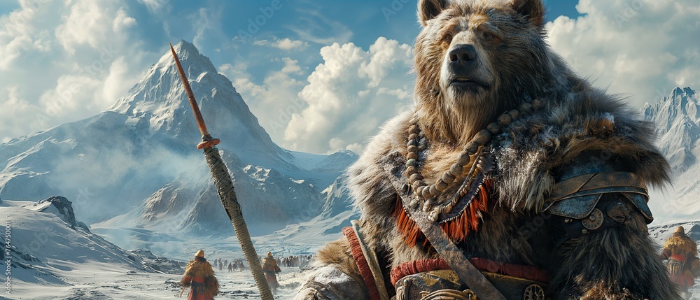King Bear Standing Against The Backdrop Of Mountains. Illustration On ...