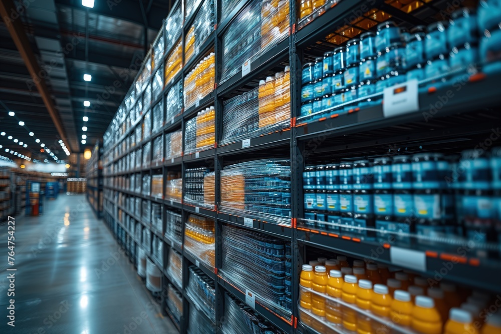 Wide-angle, crisp photo of a fully automated warehouse storage system ...