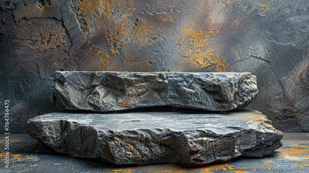 Primitive Stone Podium, front view focus, with an Ancient Cave Painting ...