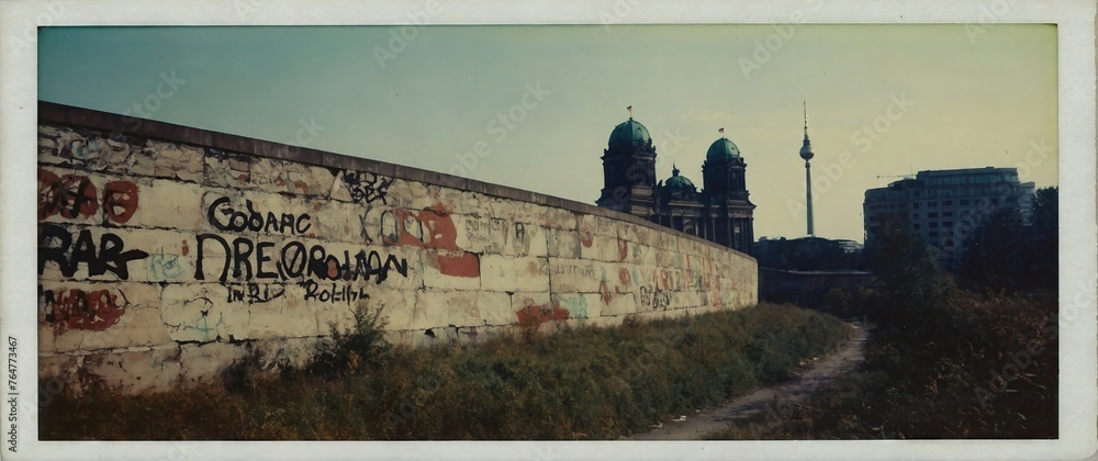 Vintage picture of the berlin wall with german government building and ...