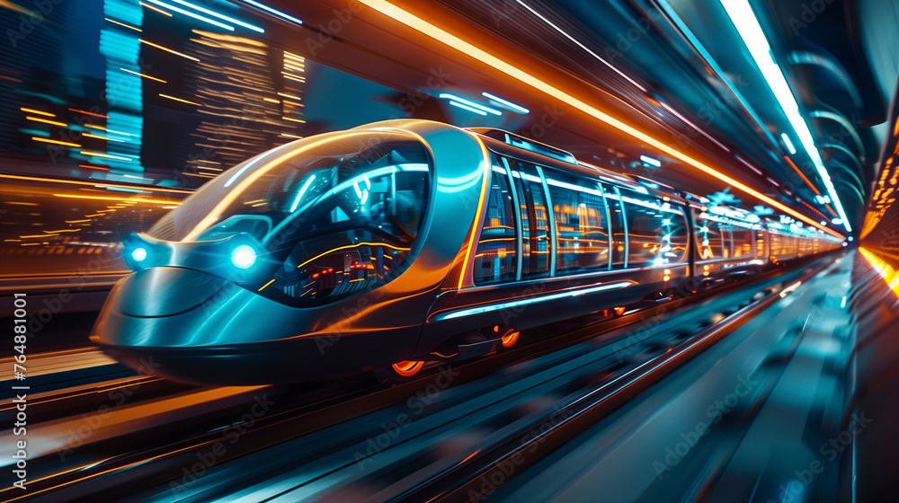 A modern high-speed train races along tracks through, demonstrating ...