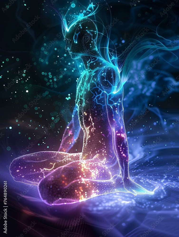 glowing human being hologram in turquoise colors and purple. concept of ...