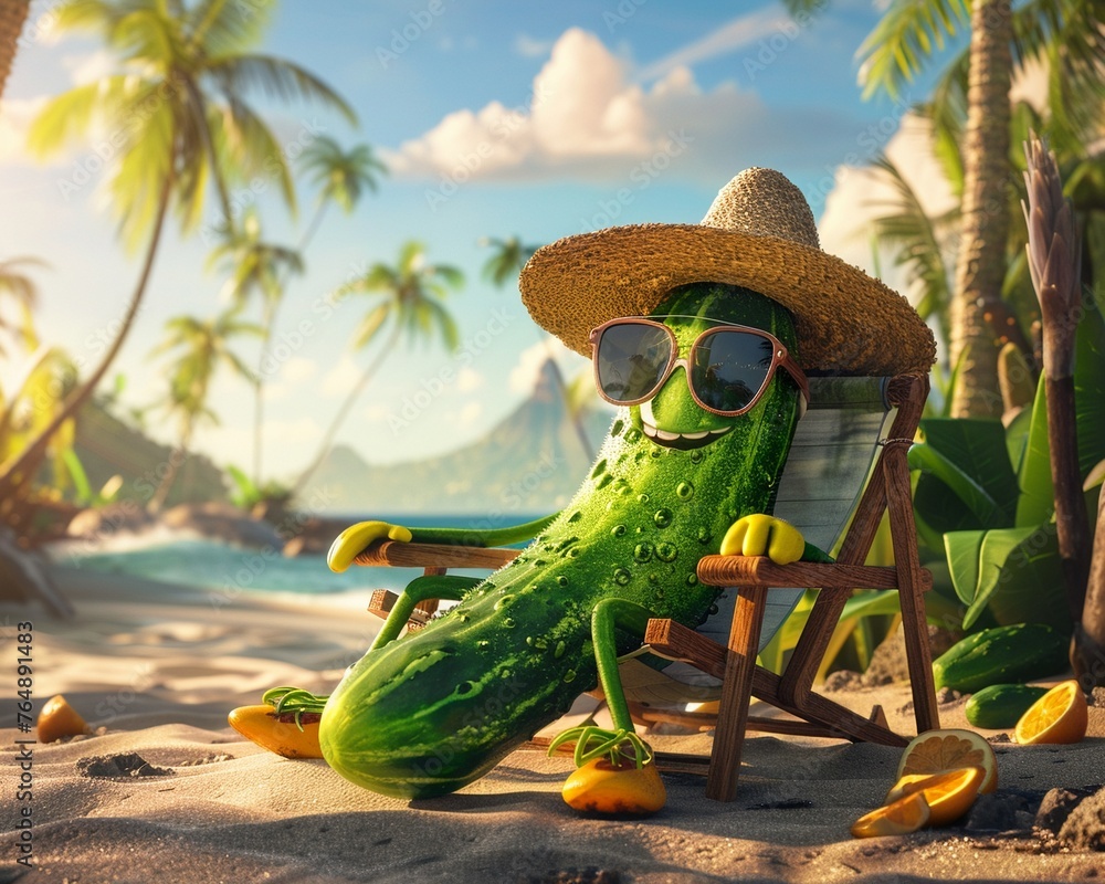 A vibrant cartoon scene showcasing a charismatic pickled cucumber ...
