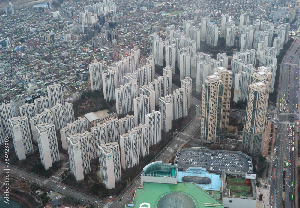 Aerial view of Seoul Downtown Skyline, South Korea. Financial district ...