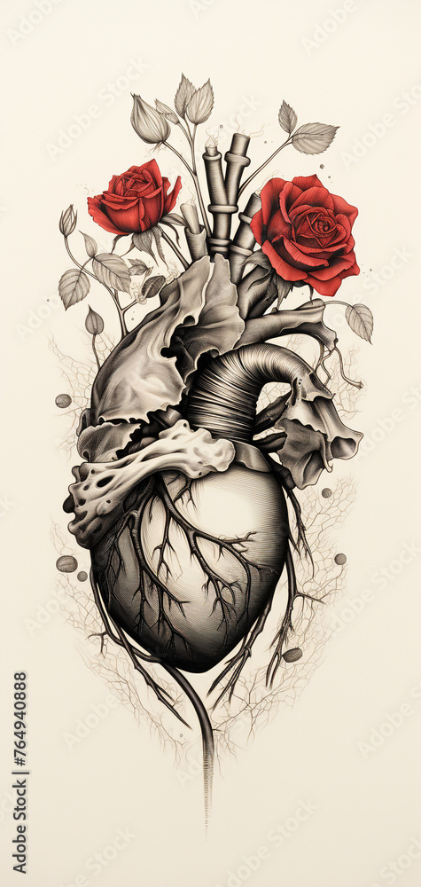anatomical print of a heart drawing in black and white, with a red rose ...
