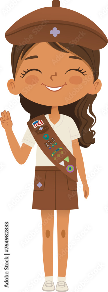 Smiling African American girl scout wearing sash with badges isolated ...
