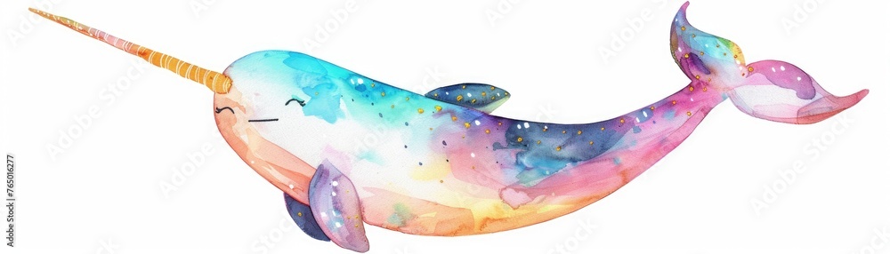 Charming watercolor narwhal, clipart, with a rainbow horn, glimmering ...