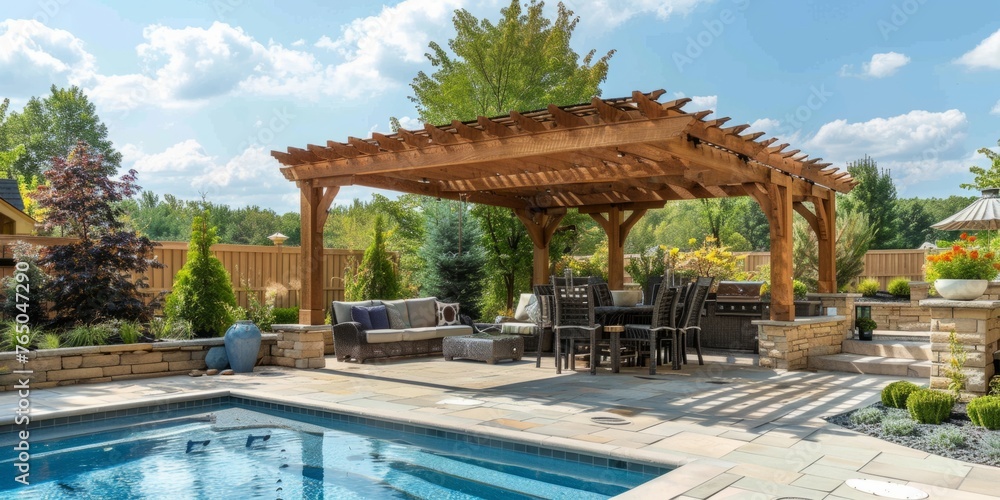 Pergola over pool area with seating and comfortable chairs, creating an ...