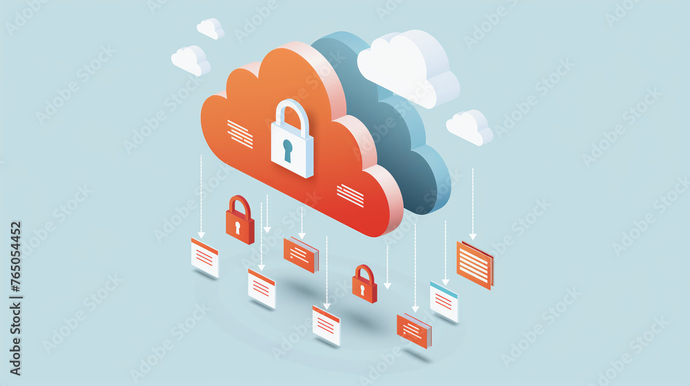 Documents suspended from a locked cloud, depicting secure file storage ...