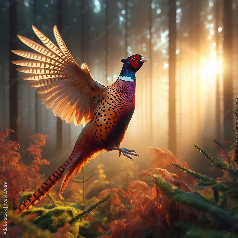 Common pheasant (Phasianus colchicus) in flight in its natural ...