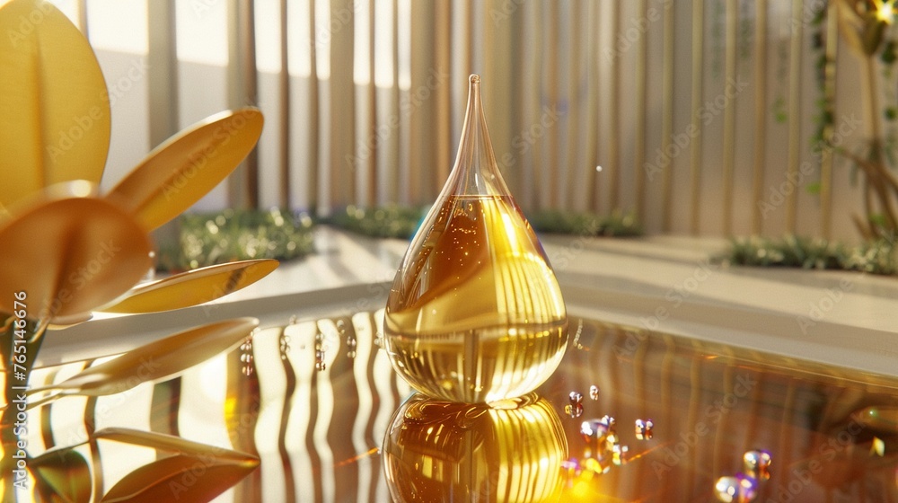 Create a 3D model of a droplet of Gold Serum, showcasing its precious ...