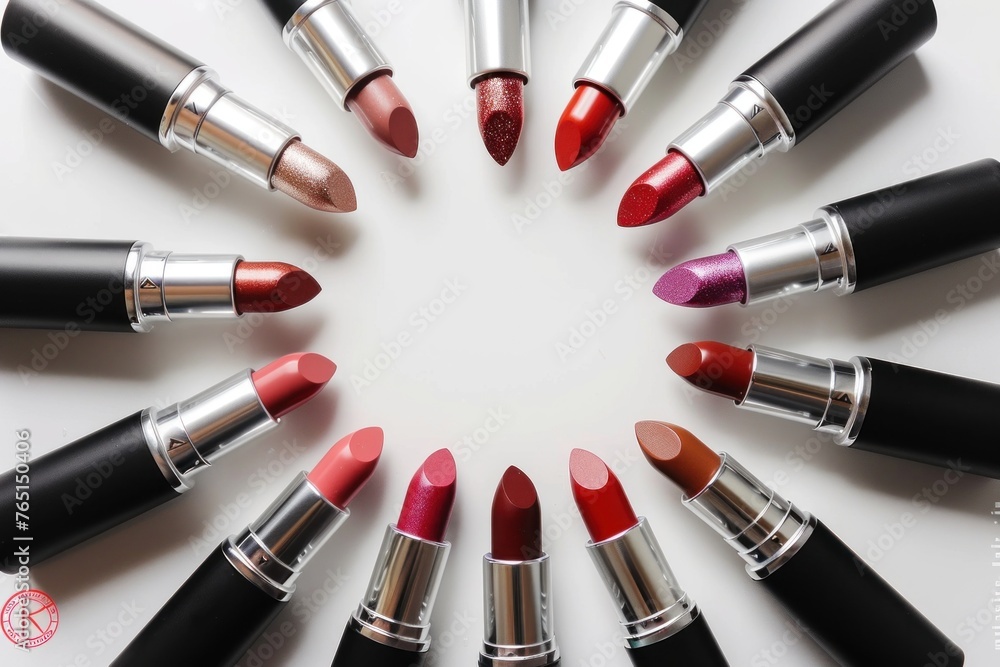 Assorted shades of lipsticks in a circle on a white background ...