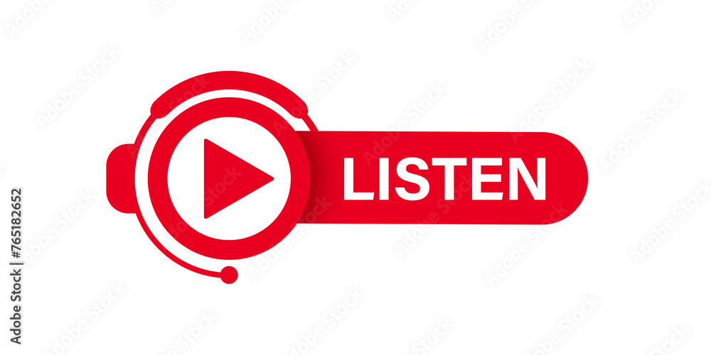 Red listen banner. Vector image isolated on white background. Lesson ...