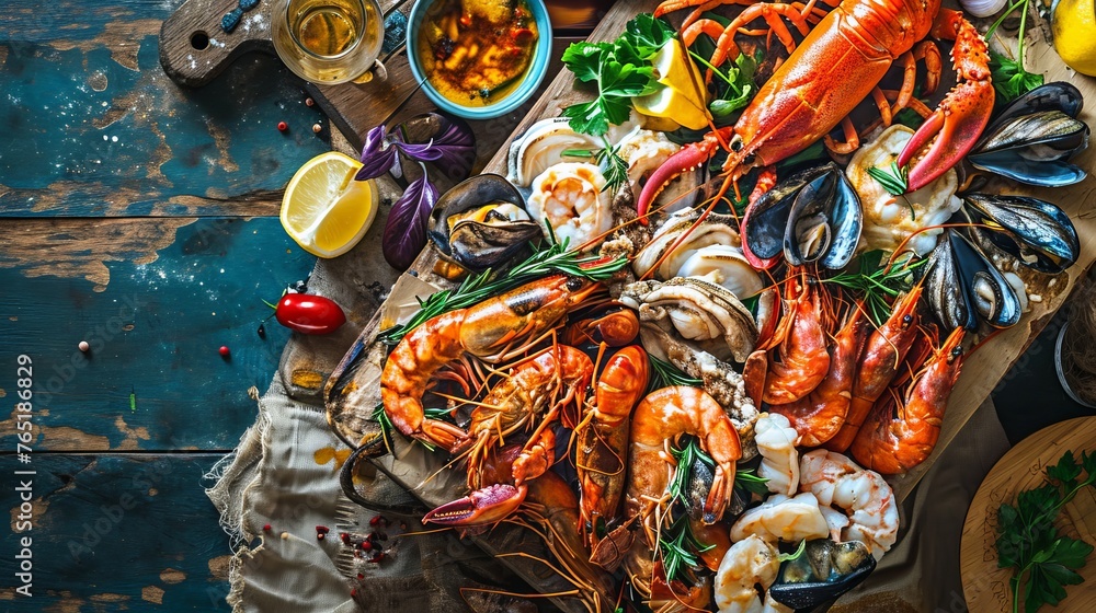 Foto de Stock An opulent seafood platter overflowing with fresh ...