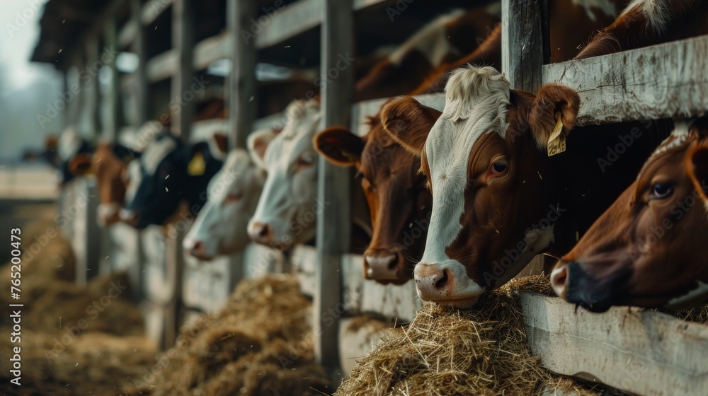 Cows inside a barn with their heads out eating hay on a farm in high ...