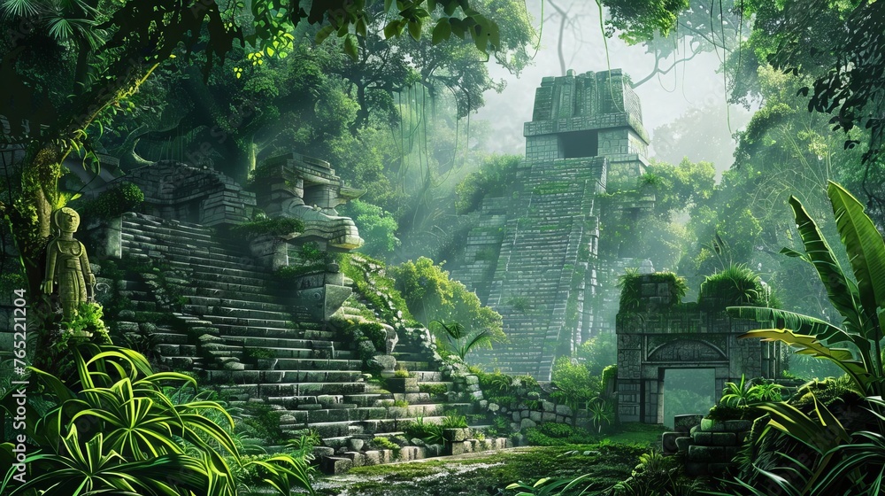 Ancient Mayan Forest with Lush Vegetation and Mysterious Symbols ...