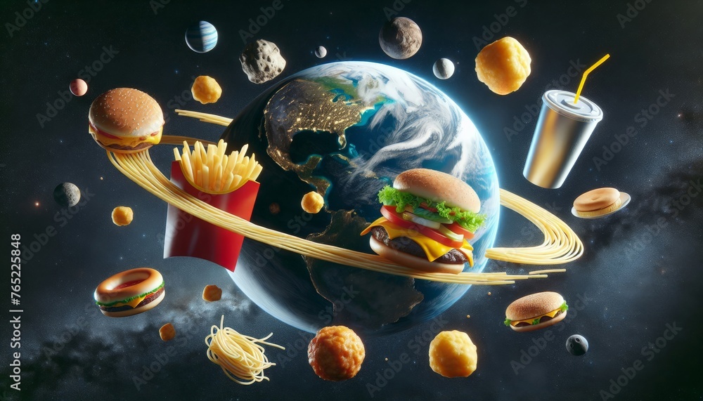 Planet Earth surrounded by junk food and fast food. Eco concept. Earth ...