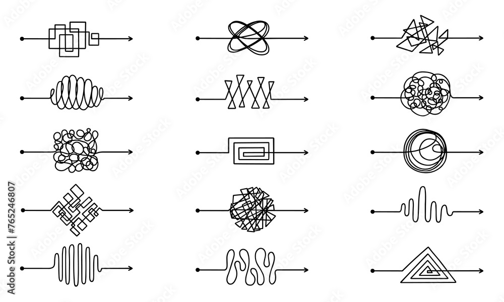 Messy arrow lines doodle set. Tangled scribble path, chaos mindset ...