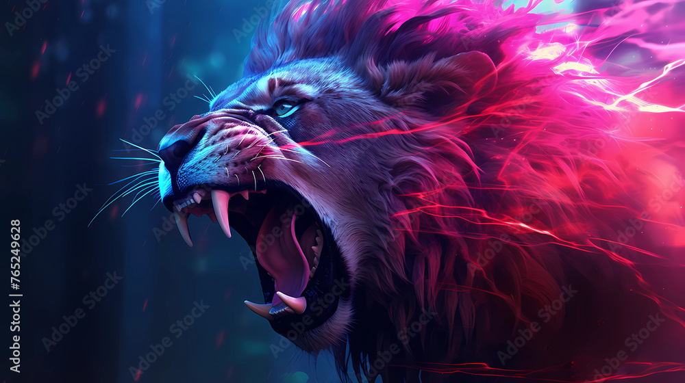 Roaring Dangerous Angry Aggressive Hunting Lion Animal Plexus Neon ...