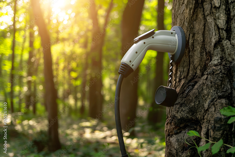Electric Car EV Supercharger Attached To A Tree In A Forest, Green ...