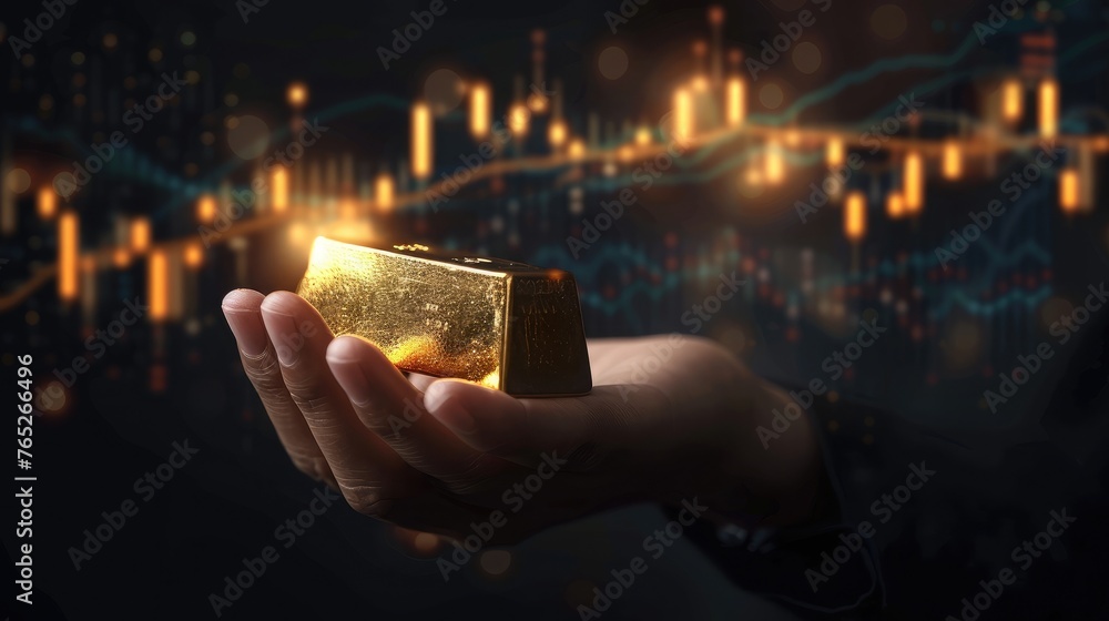 Male hand holding gold ingot and fluctuating gold price chart with ...