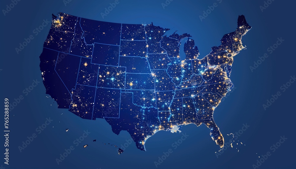 Illuminated digital map of the United States at night - A glowing ...