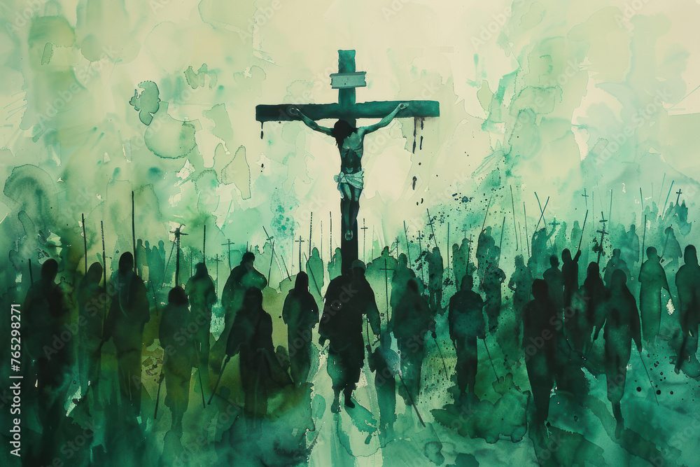 Jesus Christ on cross surrounded by crowd people, green watercolor ...