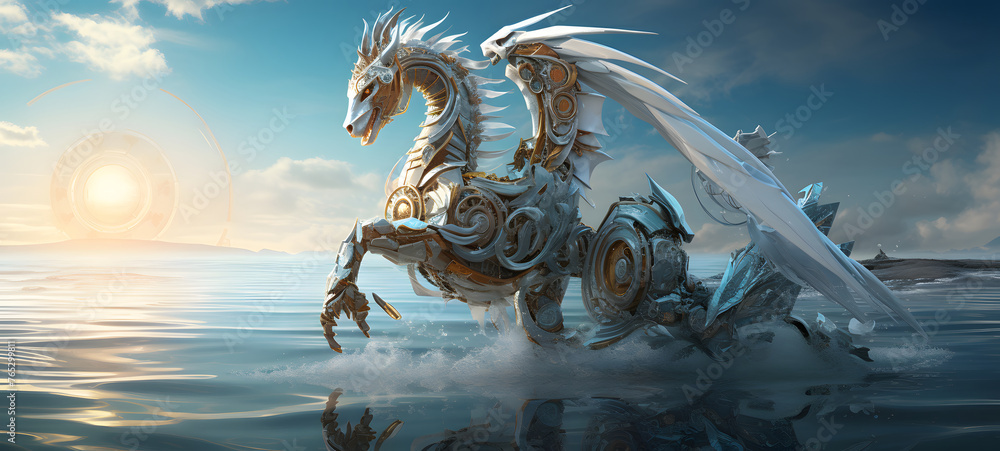 photograph of a Transformers robot white Seahorses adorned in celestial ...