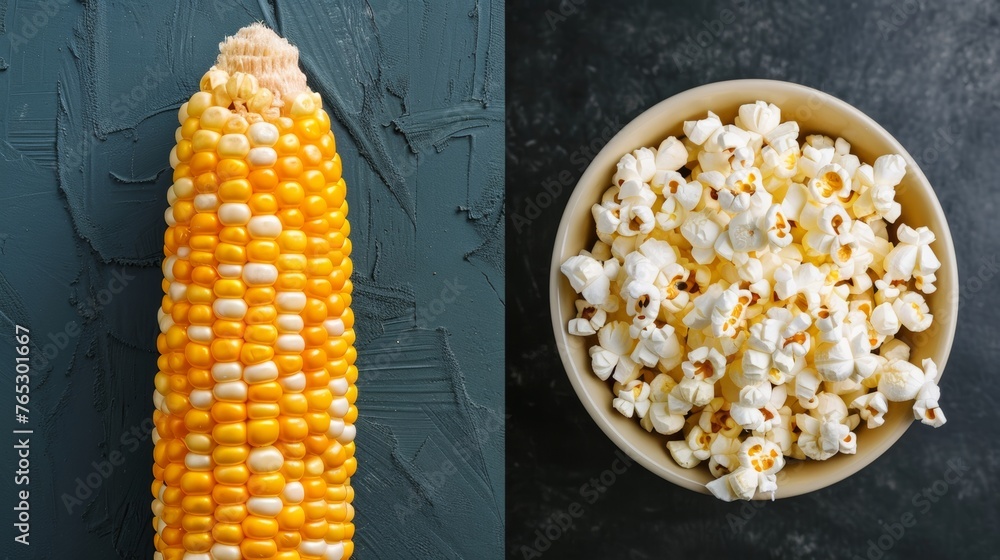 A split-screen image showcasing a raw corn cob on one side and a bowl ...