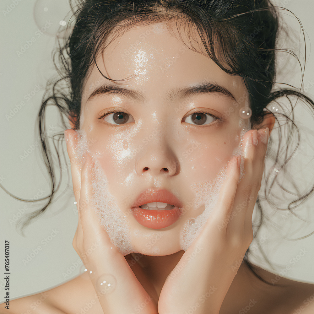 Studio close-up photo of clean skinned Korean female cosmetics model ...