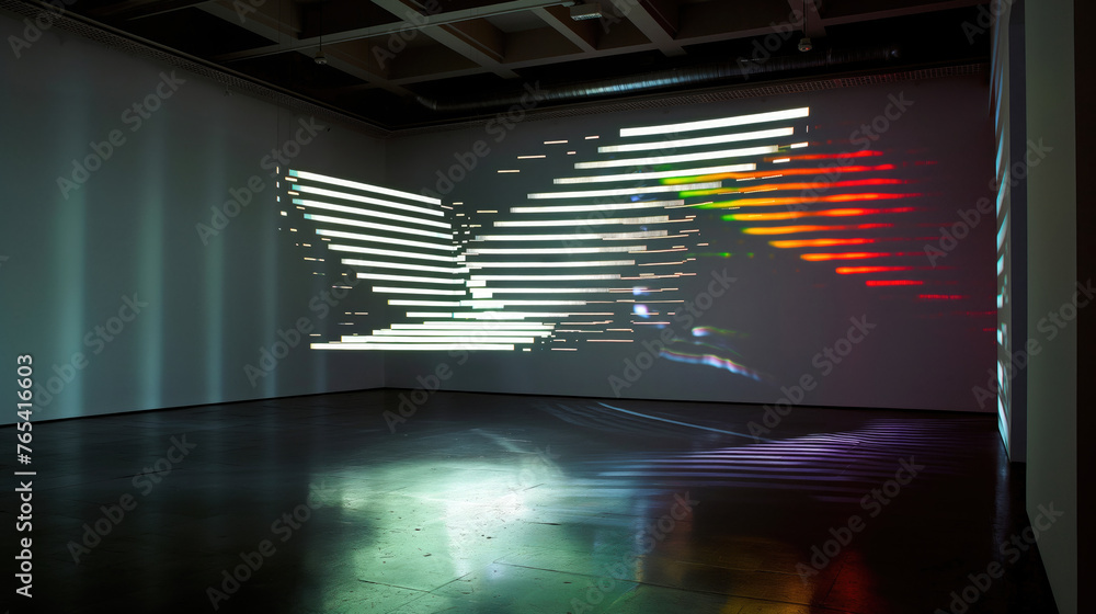 Exhibition room with dynamic light patterns. Projection on walls ...