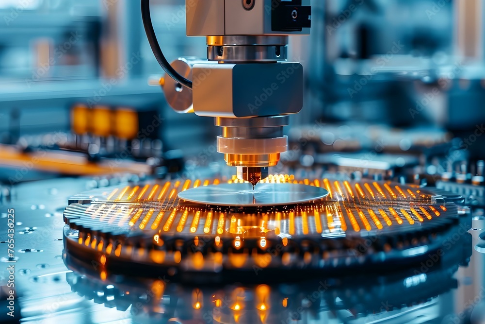 Closeup of a robotic arm in a semiconductor facility moving a silicon ...