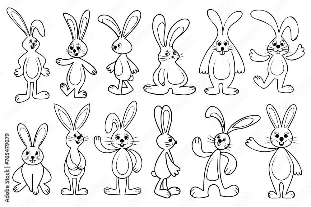line art bunnies drawing set. Collection of vector cartoon rabbits ...
