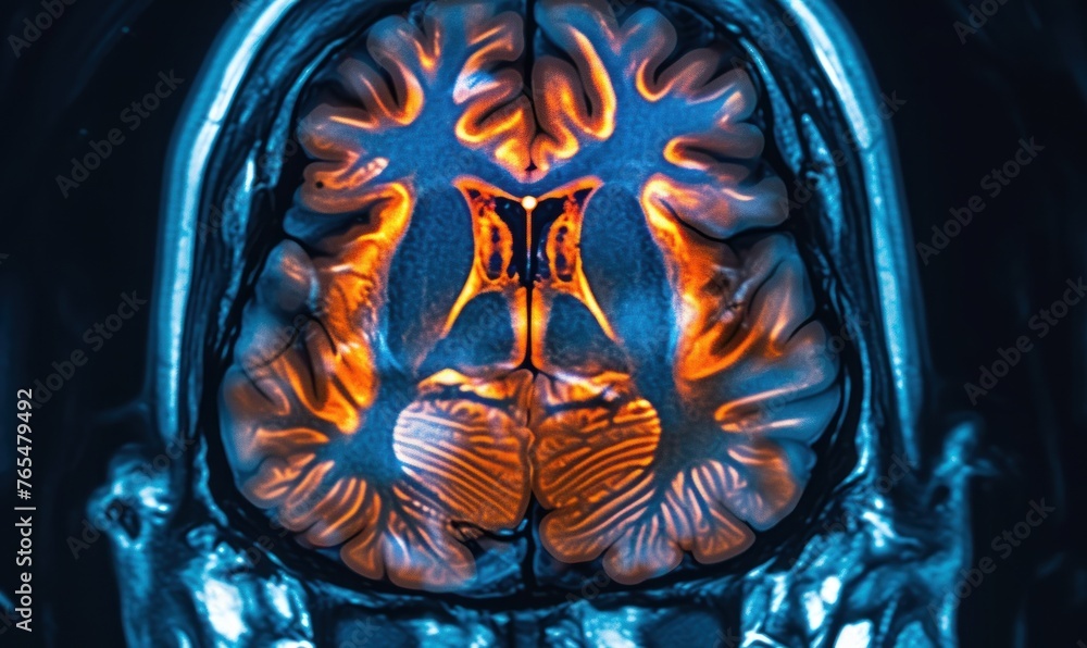 Human brain scan on screen. X-ray of the head on black wall の Stock フォト ...