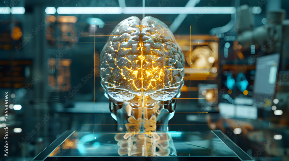 MRI scan of a hemorrhagic brain displayed on a transparent holographic ...