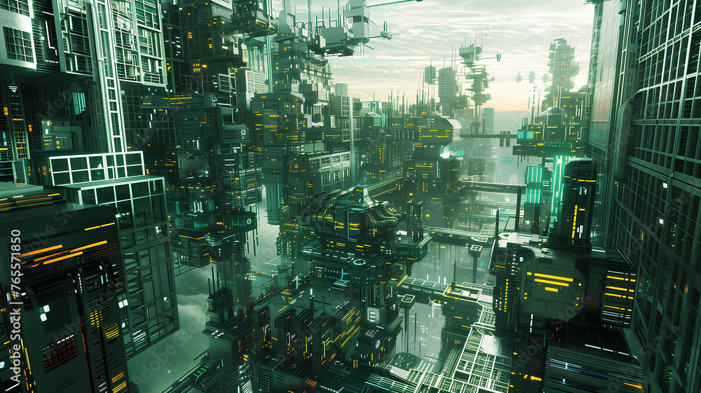 Green-Tinted Cyberpunk Megacity with Futuristic Architecture . A ...