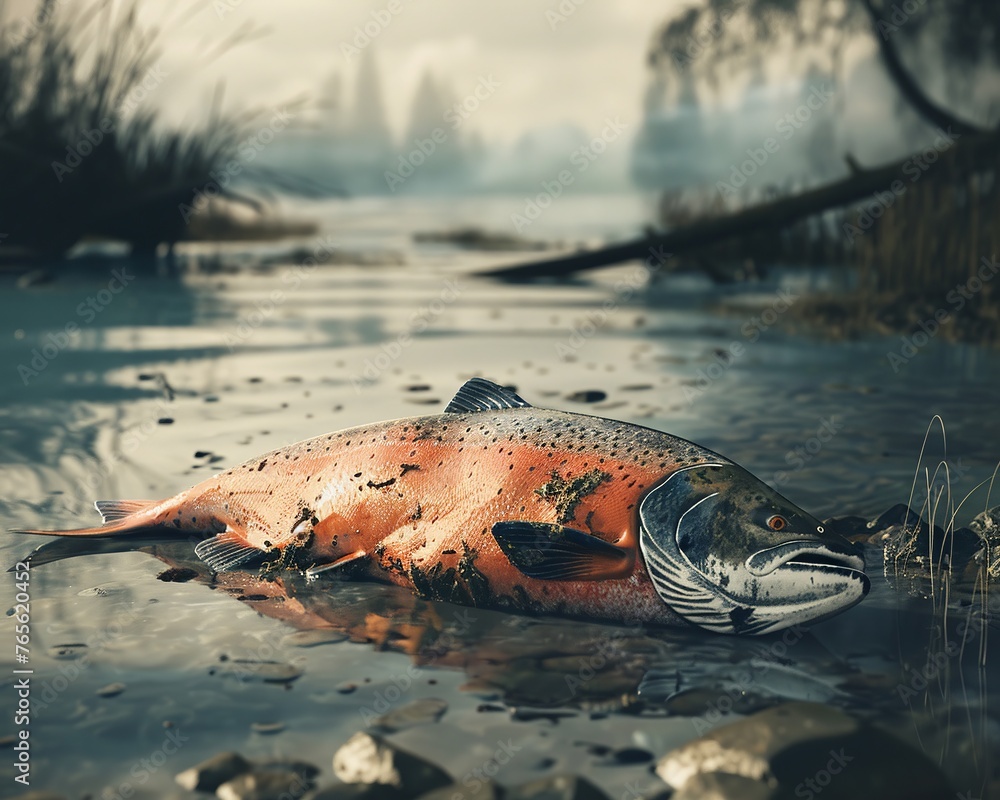 Cartoon depiction of overfishing, sad salmon in an empty river, dark ...