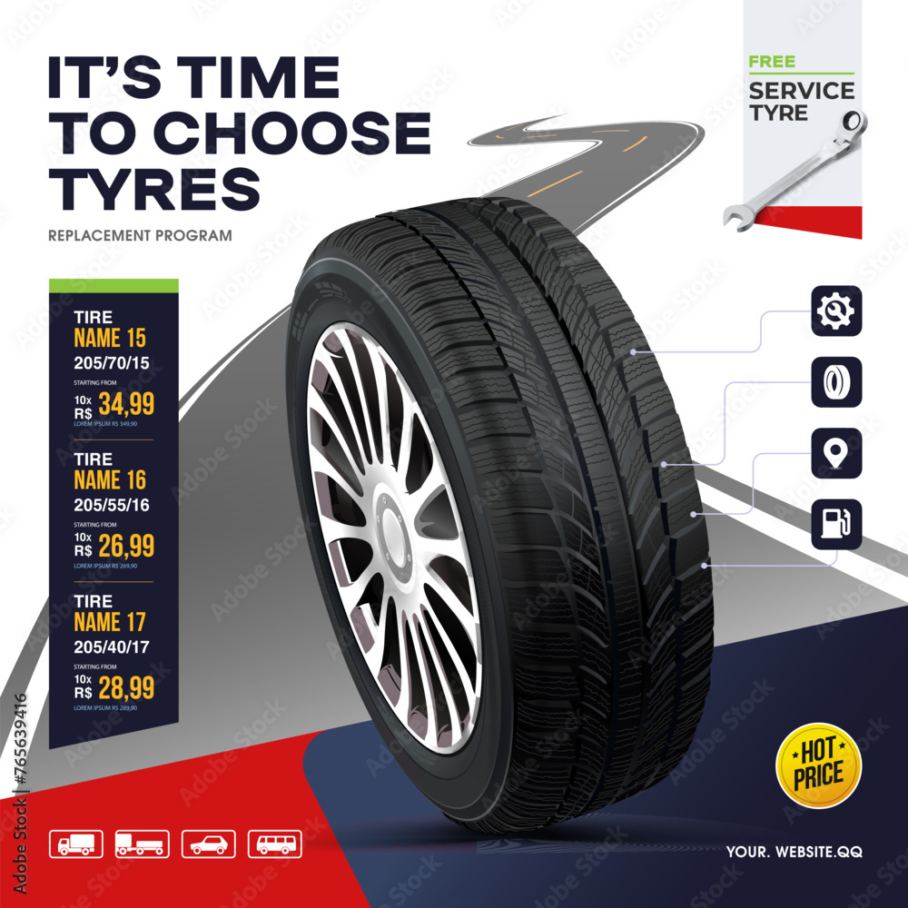 Tire in road. Realistic black rubber tyre with shining disk ...