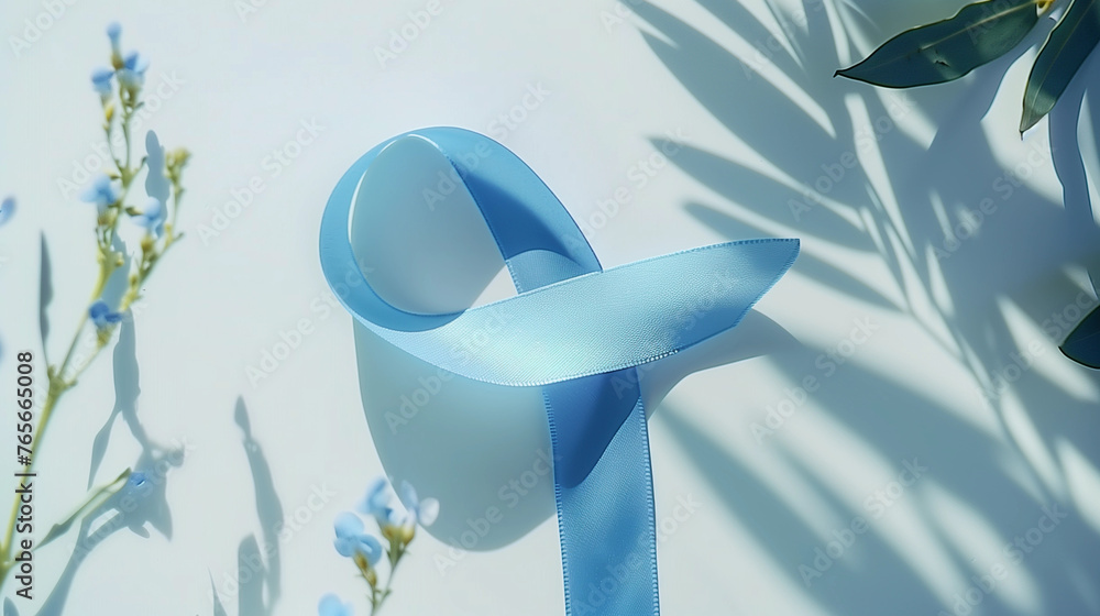 Flatlay light blue cancer ribbon with shadow background prostate ...