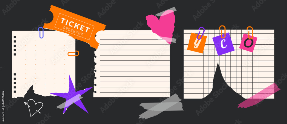 Collection of torn sheets of notebook and notepad. Tickets, paper clips ...