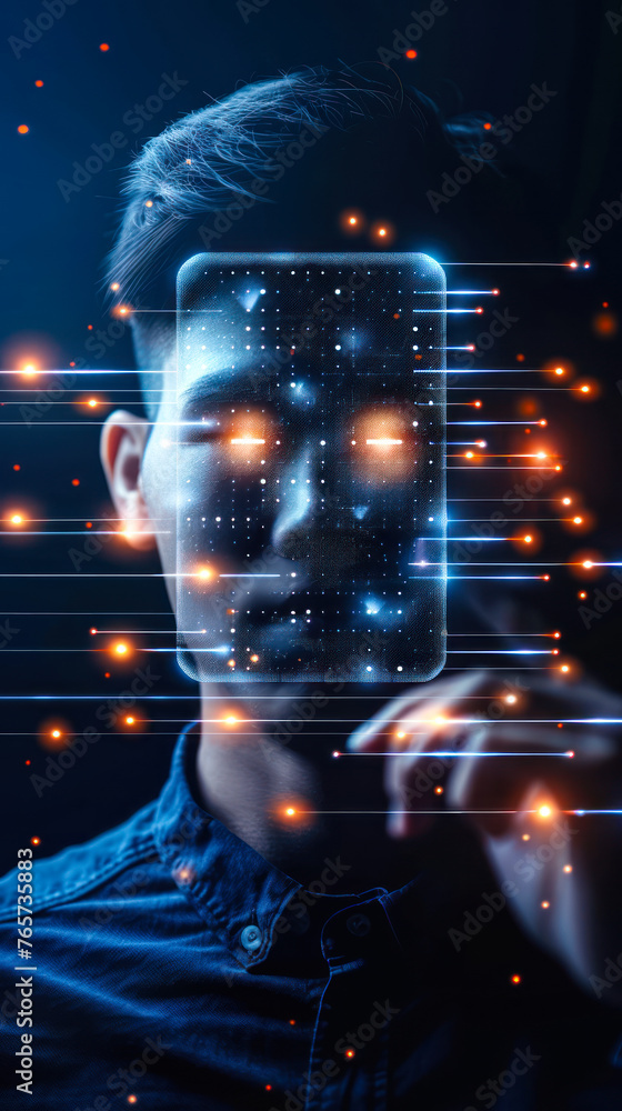 Individual accessing digital identification system, virtual profile icon, concept of using ...