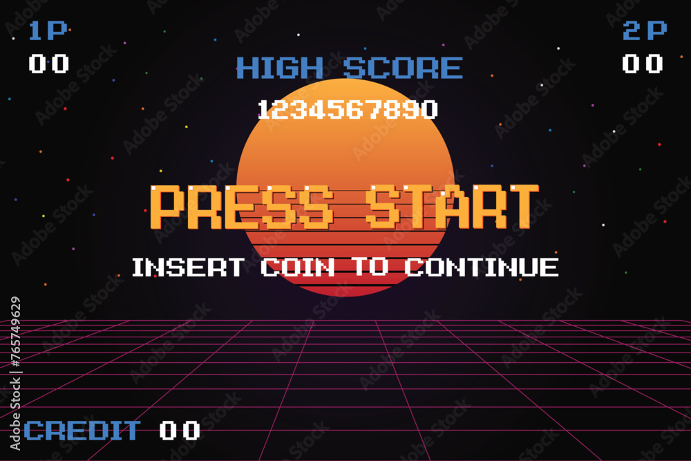 PRESS START. pixel art .8 bit game. retro game. for game assets in ...