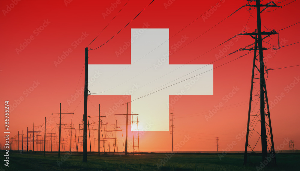 Switzerland flag on electric pole background. Power shortage and increased energy consumption in ...
